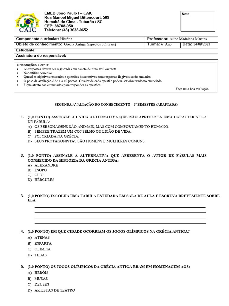 ADAPTADA 2023 6 ANO Segunda Prova 3 Bimestre Grécia Antiga (Cultura ...