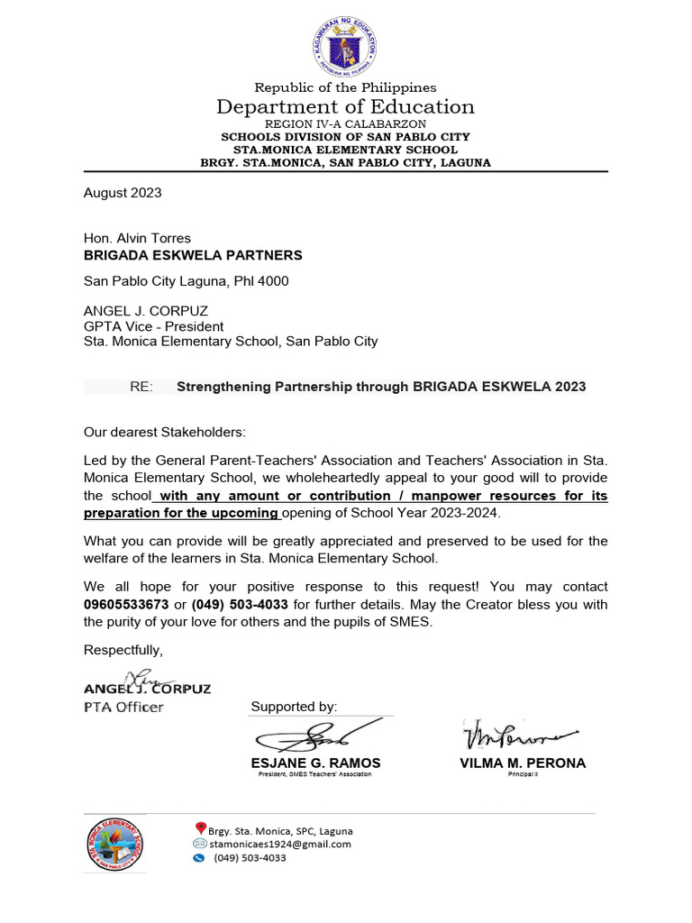 Alvin Torres SMES 2023 BRIGADA ESKWELA LETTER | PDF | Philippines
