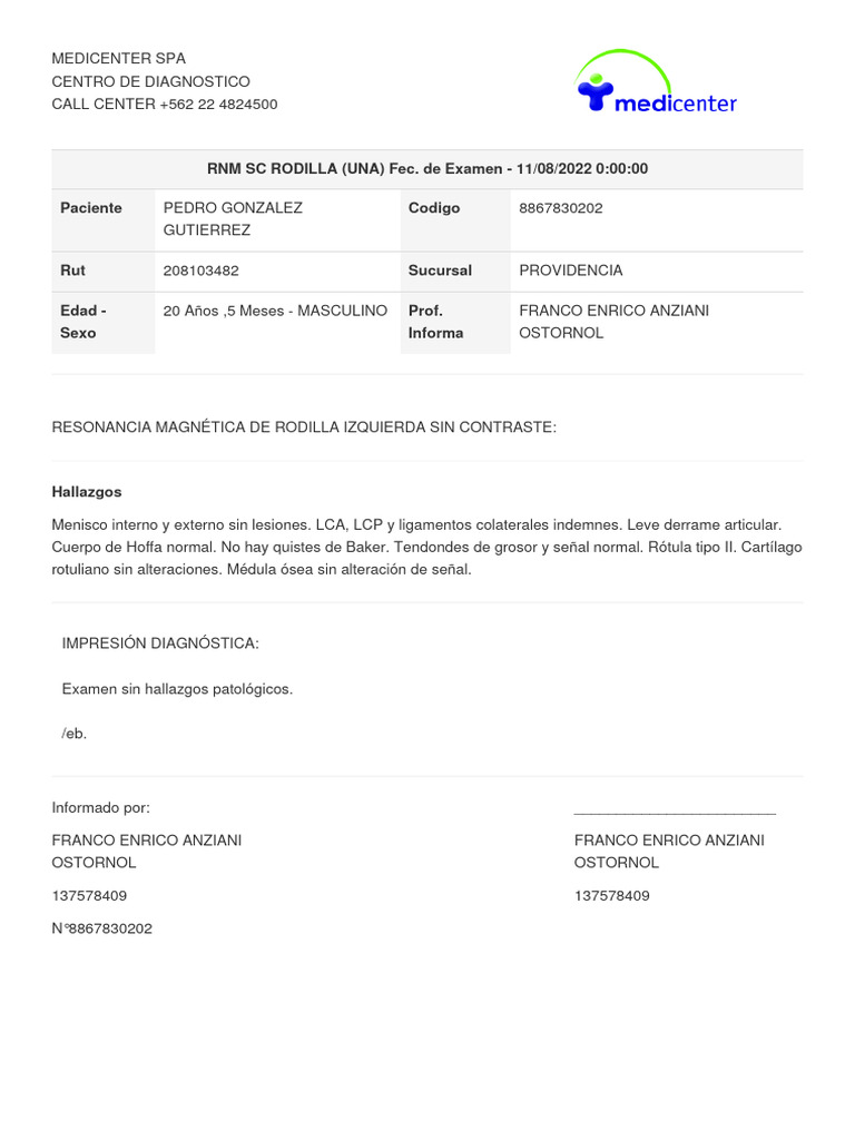 RNM SC RODILLA (UNA) Fec. de Examen - 11/08/2022 0:00:00 Paciente Codigo | PDF