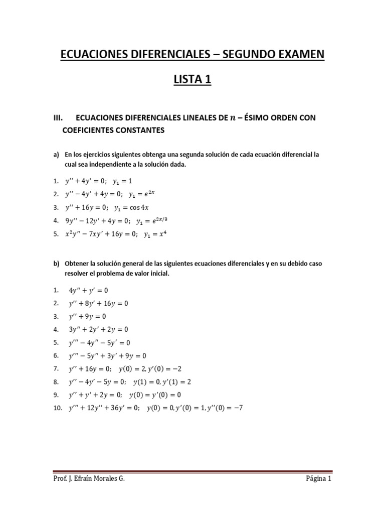 Examen2 - Lista1 - EcuacionesDiferenciales 2023-2 | PDF