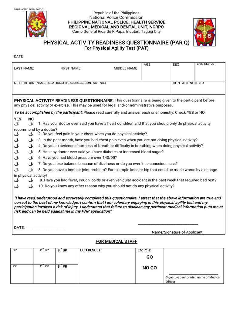 Pat Physical Readiness Questionare 1 | PDF | Clinical Medicine ...