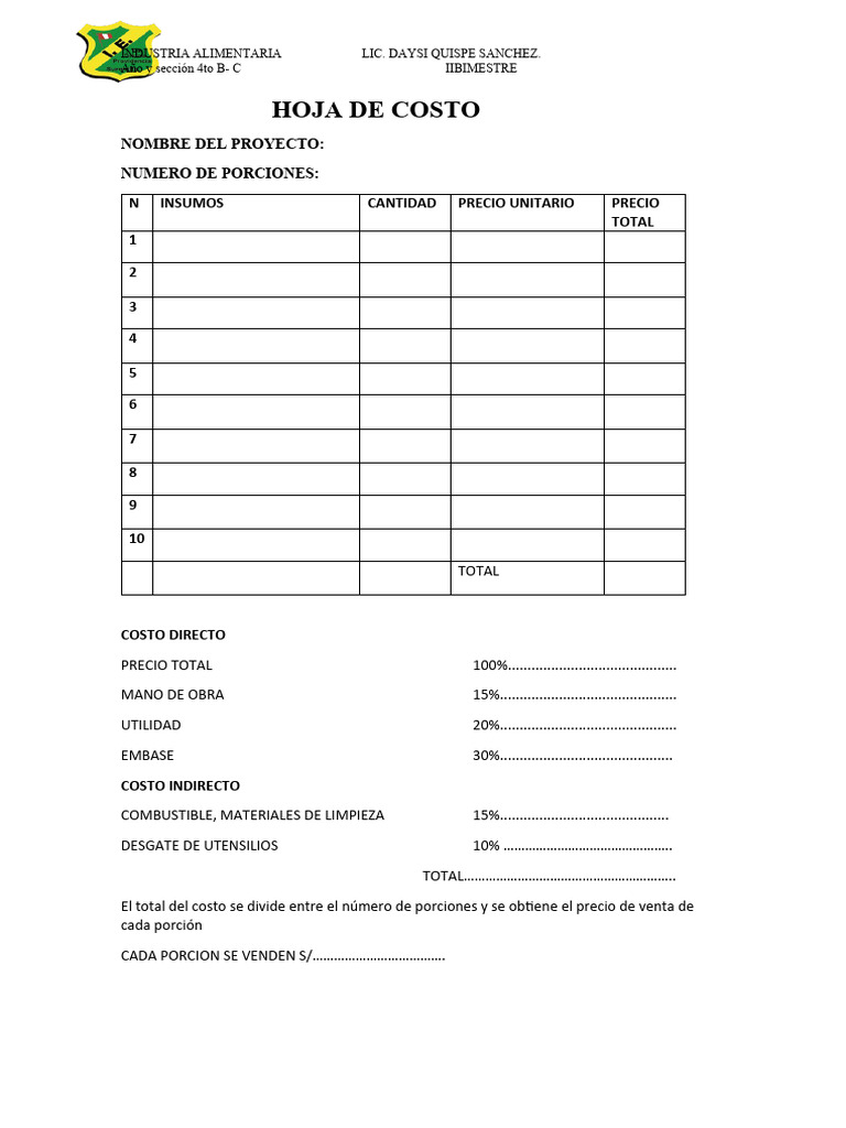 Hoja de Costo 3ero y 4to Ept | PDF | Negocios | Finanzas y dinero