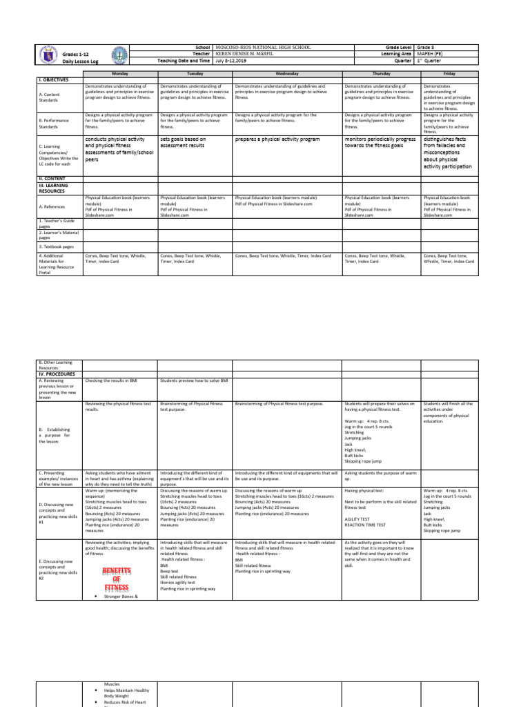 Grade 8 DLL | PDF | Physical Fitness | Physical Education