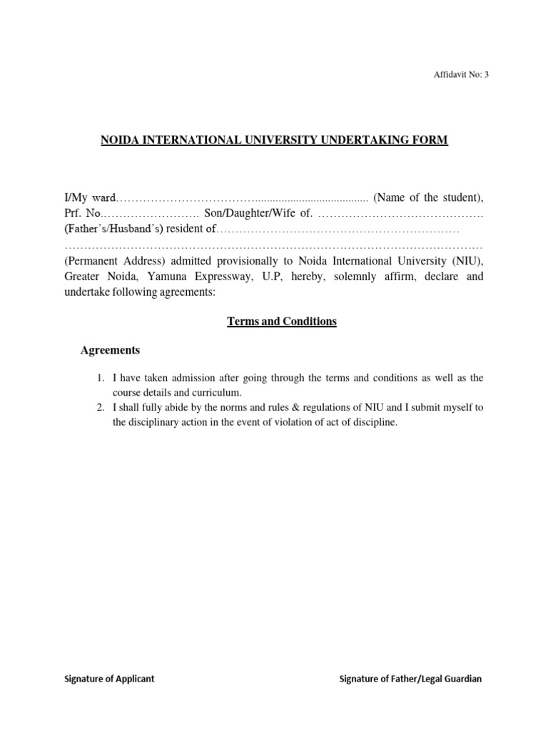 AFFIDAVIT - 03 - Noida International University Undertaking Form | PDF