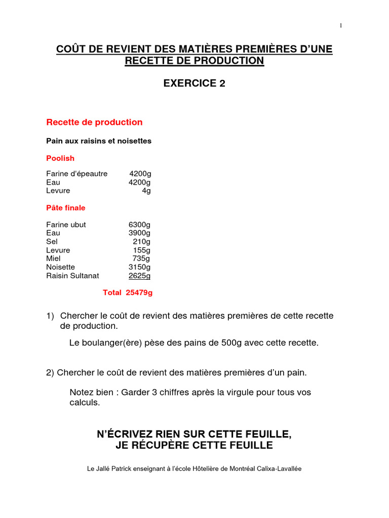 Exercice 2 Coût de Revient Recette de Production | PDF