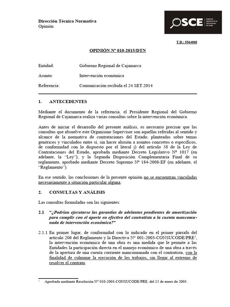 OPINIÓN OSCE N°010-2015 - Intervención Económica de Obra | PDF | Regulación | Justicia