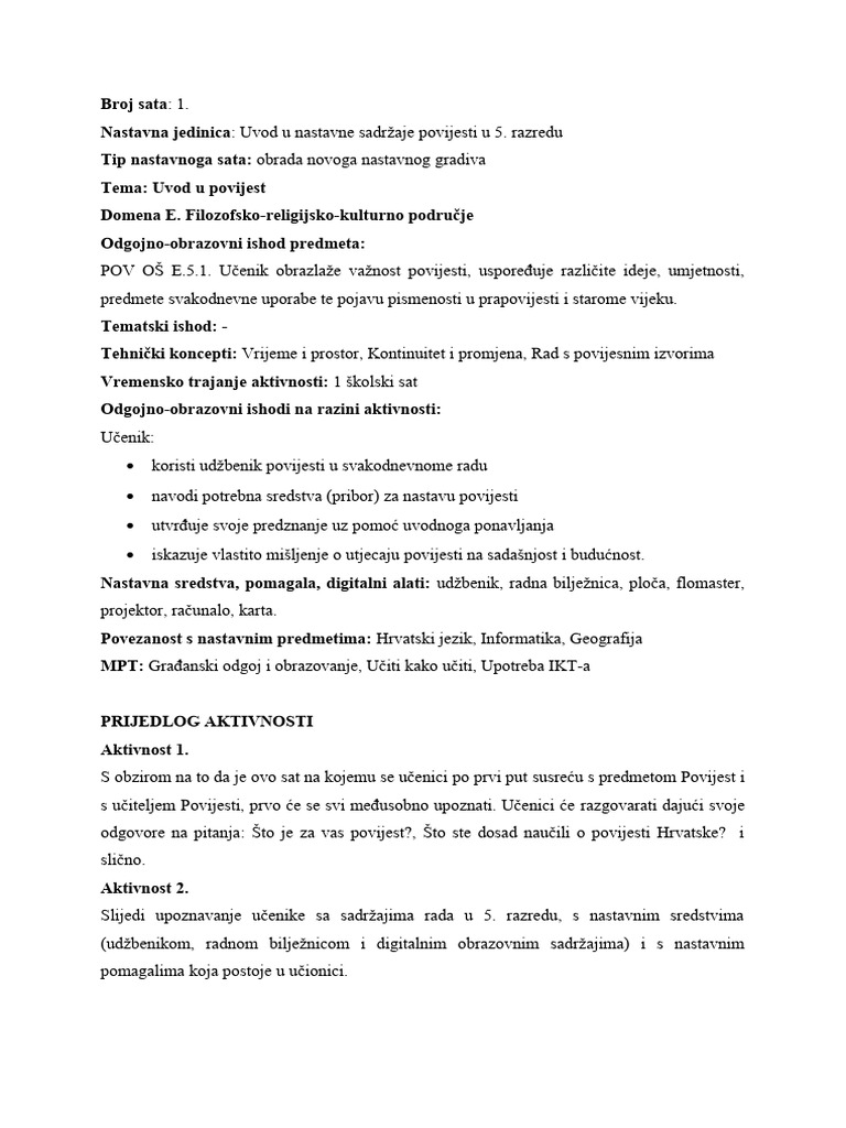 1 .Uvod U Nastavne Sadržaje Povijesti U 5. Razredu | PDF