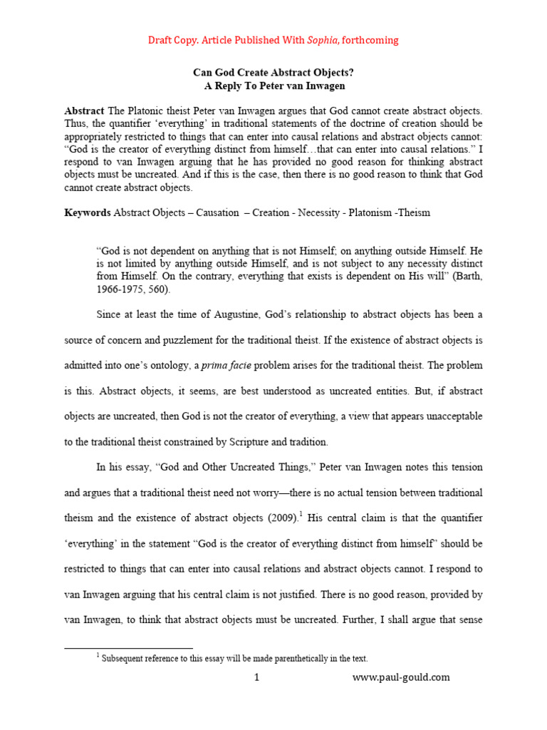 Can God Create Abstract Objects - A Reply To Peter Van Inwagen | PDF | Causality | Thought