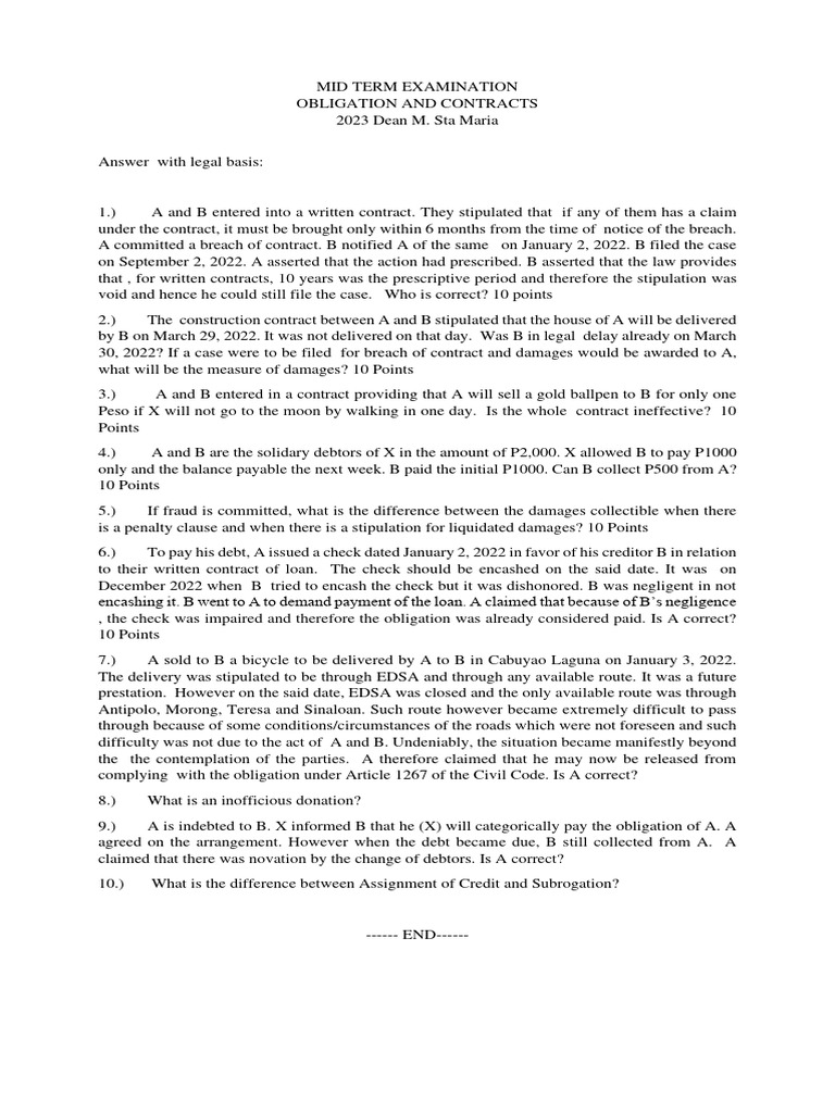 2023 Oblicon Midterm Exams PDF Without Answers | PDF