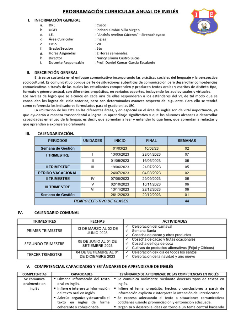 PROGRAMACIÓN CURRICULAR ANUAL DE INGLÉS ACTUALIZADO | PDF | Enseñando | Aprendizaje