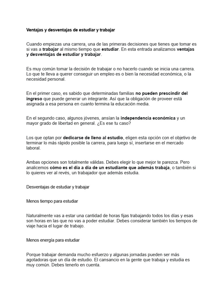Ventajas y desventajas de estudiar y trabajar | PDF