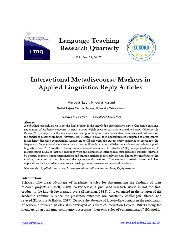Interactional Metadiscourse Markers in | PDF Interactional Metadiscourse Markers in | PDF