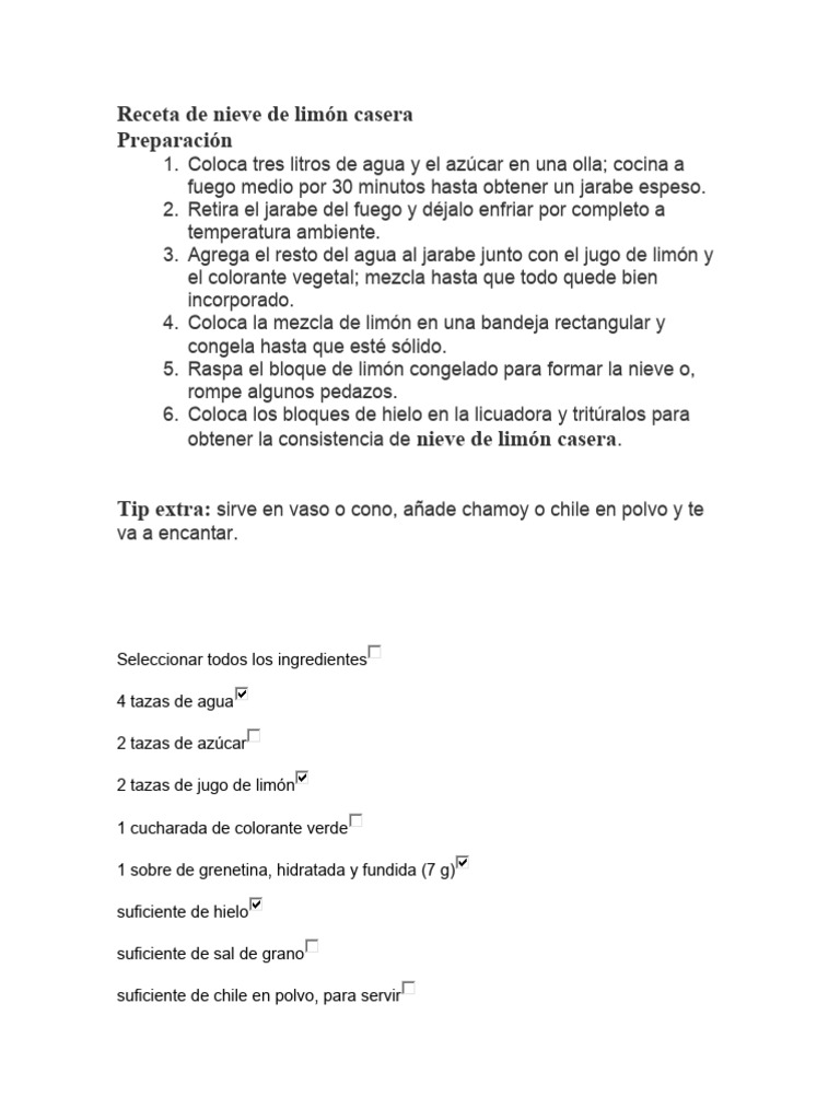 Receta de Nieve de Limón Casera | PDF