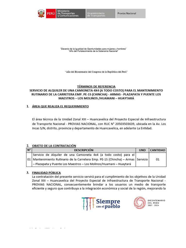 TDR Camioneta 4X4 A Todo Costo Menor A 9 Uit PDF Per Lima