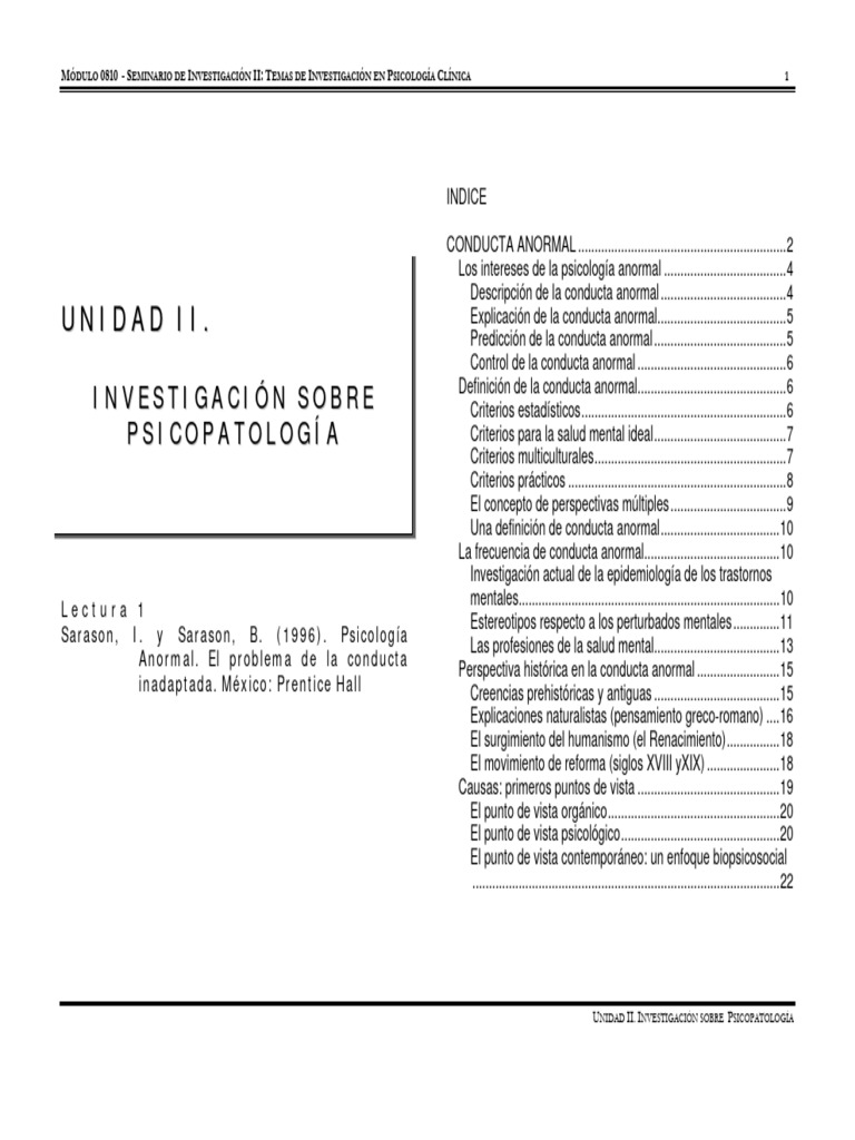 Psicopatología según Sarason y Sarason | PDF | Trastorno mental | Sicología
