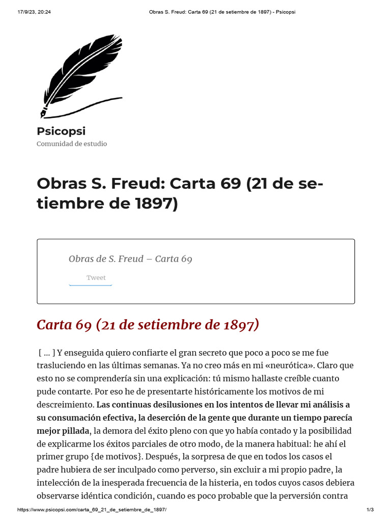 Obras S. Freud - Carta 69 (21 de Setiembre de 1897) - Psicopsi | PDF | Neurosis | Mente inconsciente