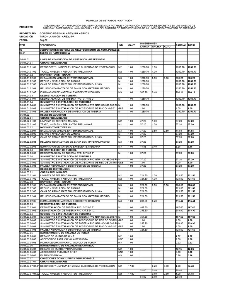 Metrado - Componente I Sistema de Agua Potable | PDF | Tubería (transporte de fluidos) | Agua dulce