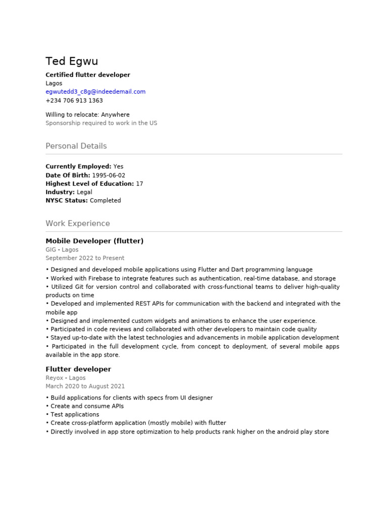 Resume Ted Egwu | PDF | Mobile App | Application Software
