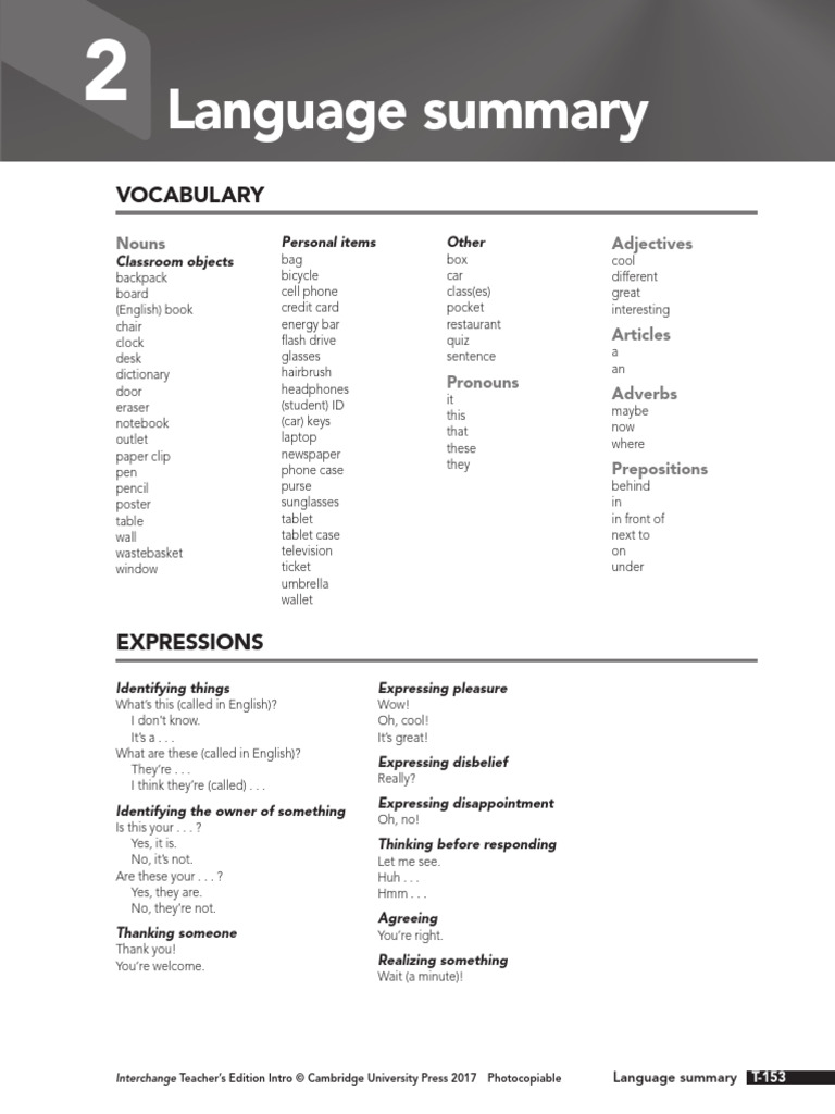 Interchange5thEd IntroLevel Language Summary Unit2 | PDF | English ...