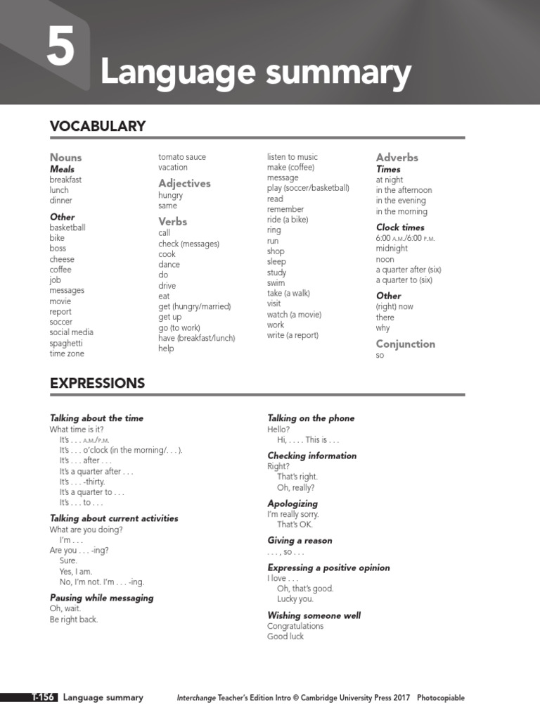 Interchange5thEd IntroLevel Language Summary Unit5 | PDF | Language Mechanics | Linguistic ...