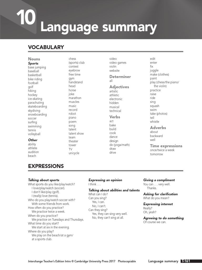 Interchange5thEd IntroLevel Language Summary Unit10 | PDF | Linguistics ...