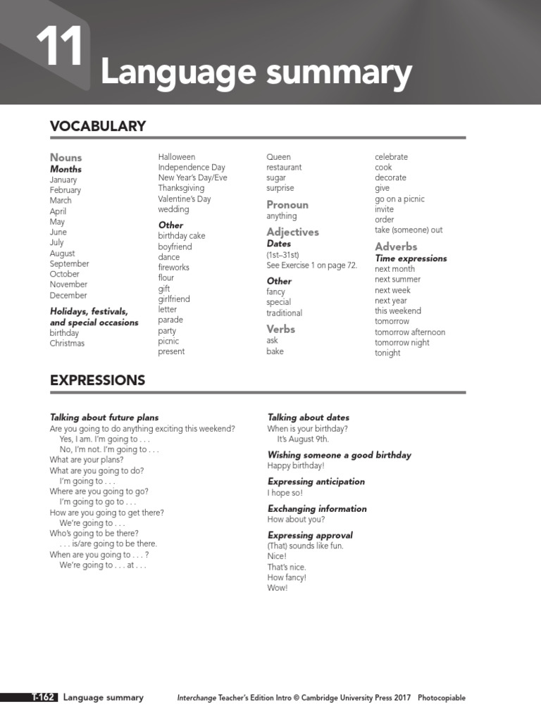 Interchange5thEd IntroLevel Language Summary Unit11 | PDF | Birthdays ...