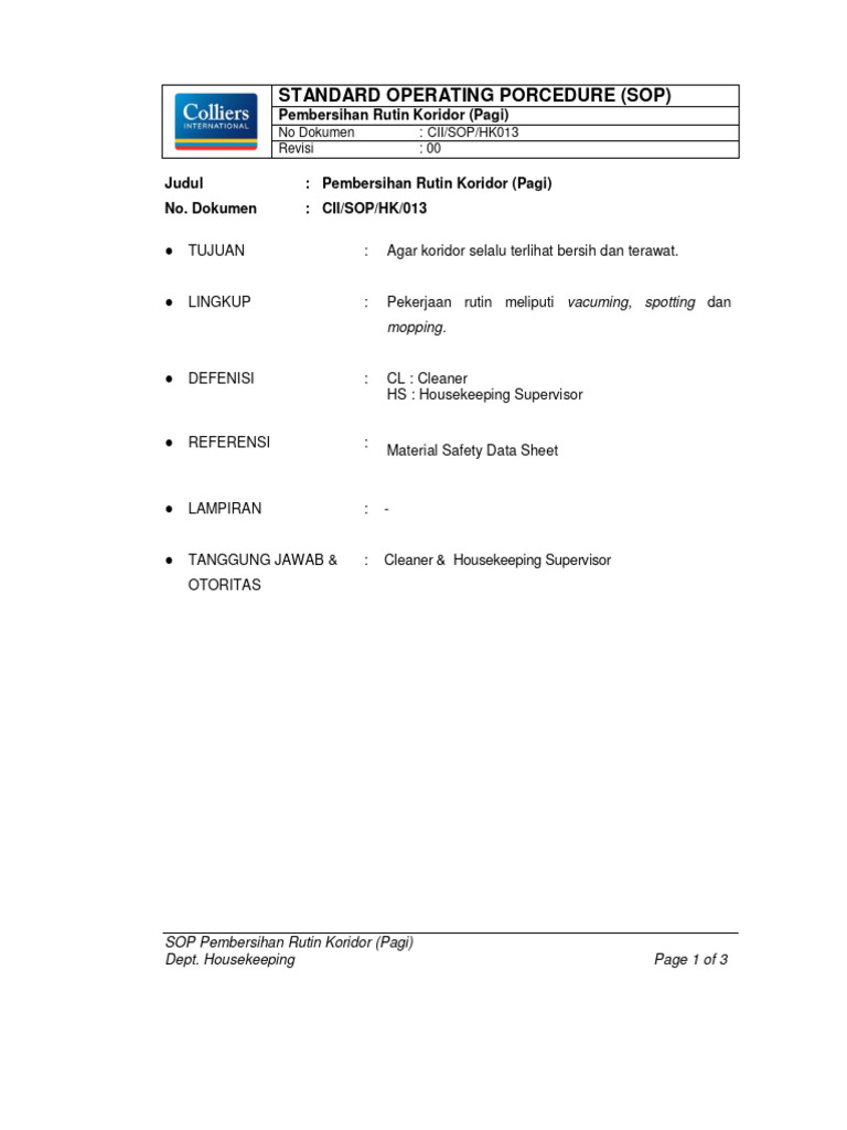 SOP - HK - 013 - Koridor Pagi | PDF