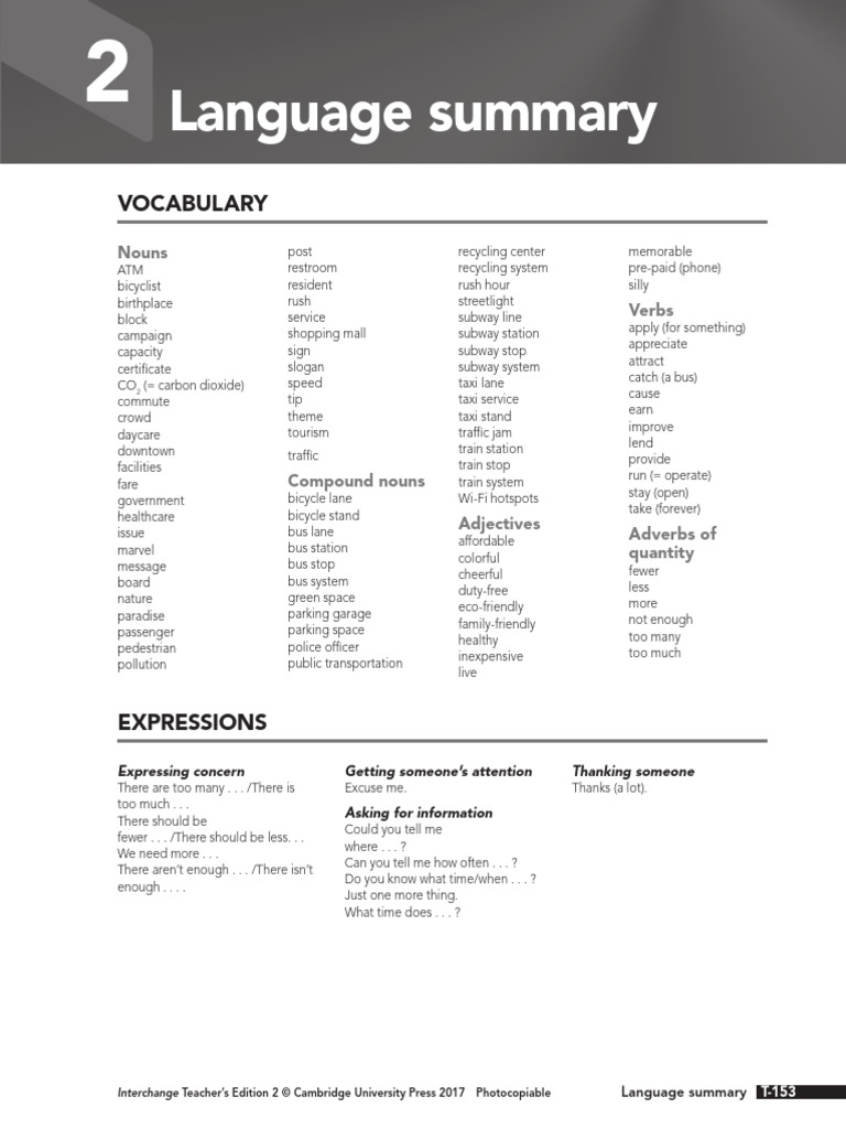 Interchange5thEd Level2 Language Summary Unit2 | PDF