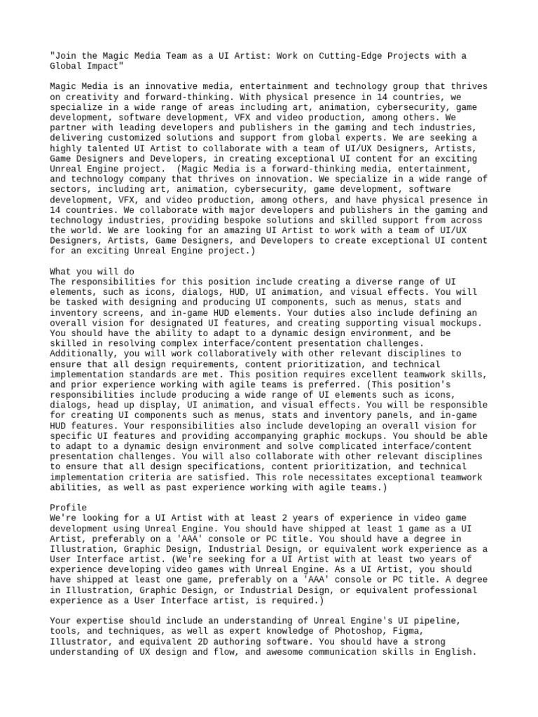 Join The Magic Media Team As A UI Artist Work On Cutting Edge Projects With A Global Impact ...