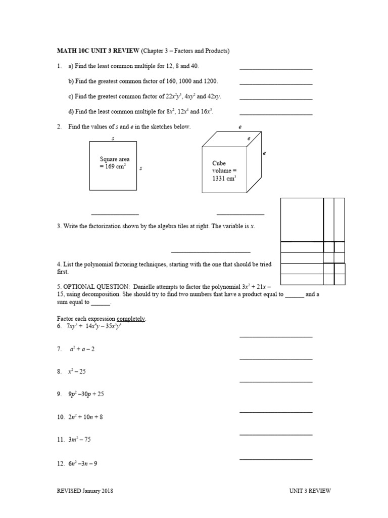 Math 10C Factors and Products Rev. F17 | PDF | Factorization | Area
