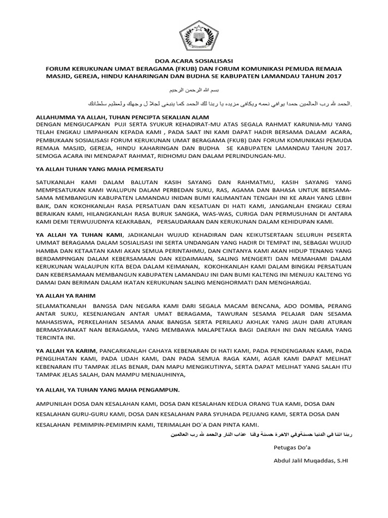 Doa Acara Sosialisasi Fkub Dan FPMGHB 2017 | PDF
