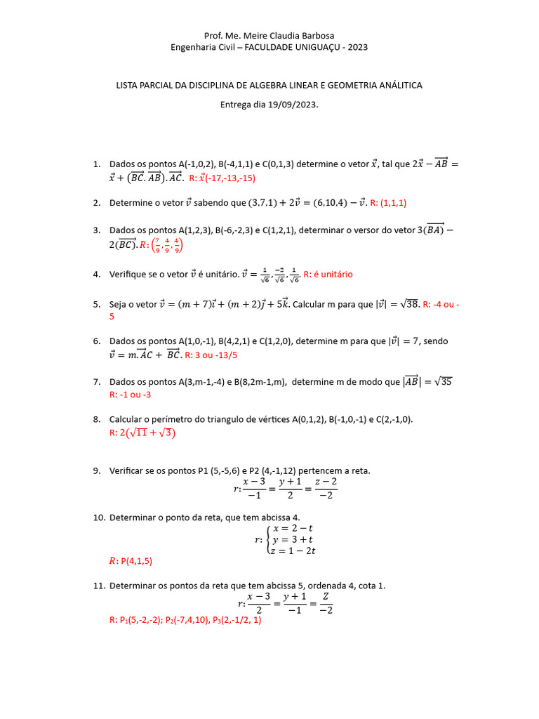 Exercícios de Álgebra Linear e Geometria | PDF | Matemática elementar ...
