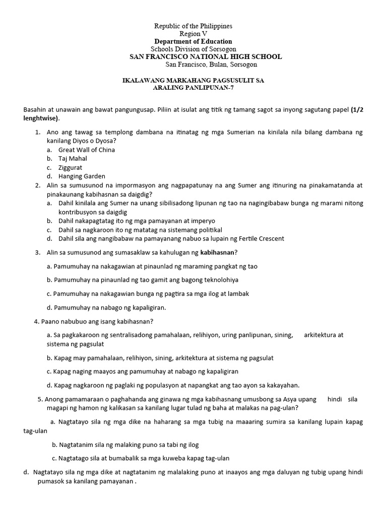 2nd Quarter Exam in AP | PDF