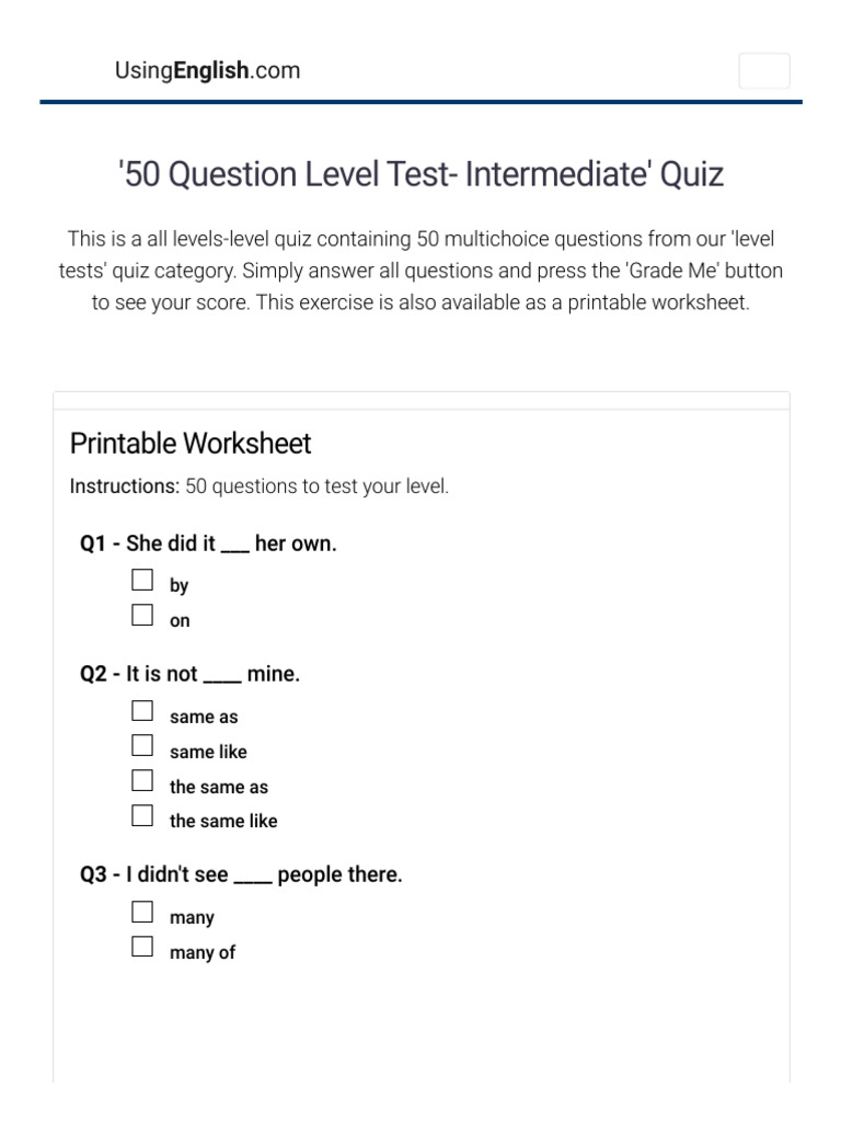 '50 Question Level Test - Intermediate' Quiz - Exercise & Worksheet | PDF