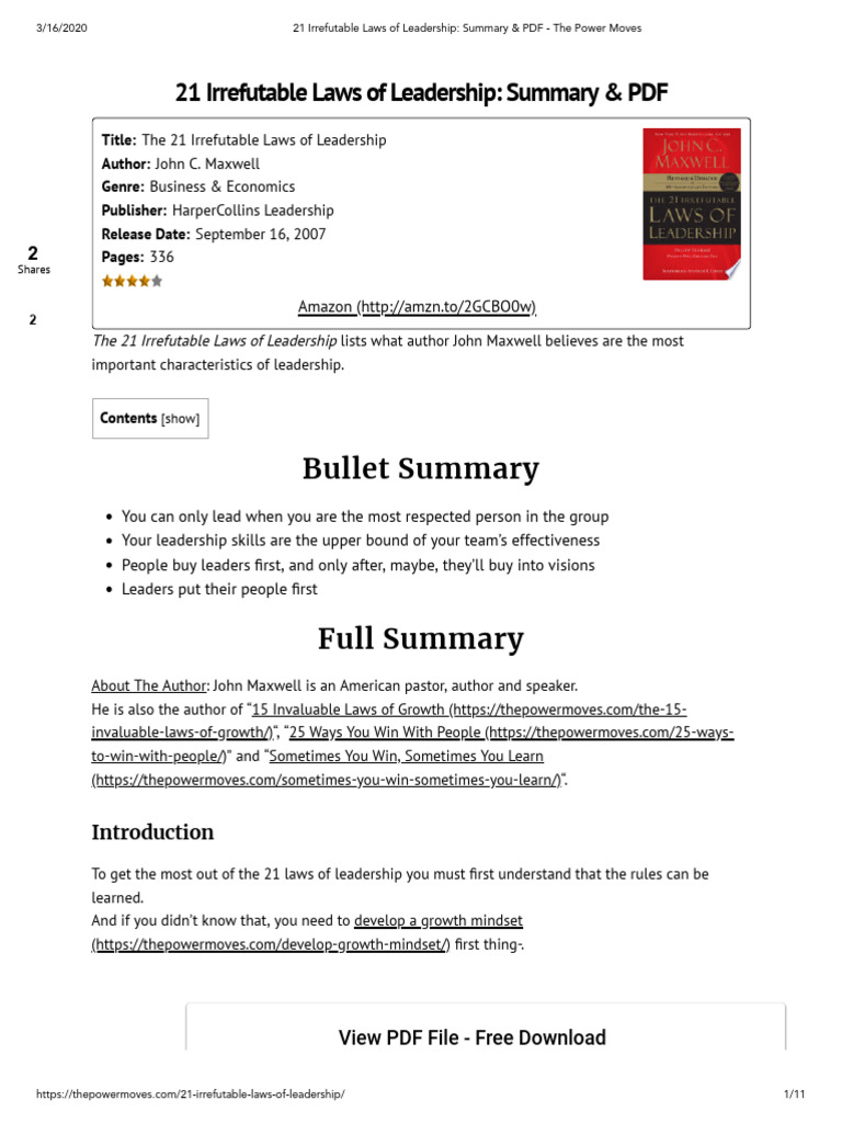 21 Irrefutable Laws of Leadership - Summary & PDF - The Power Moves ...