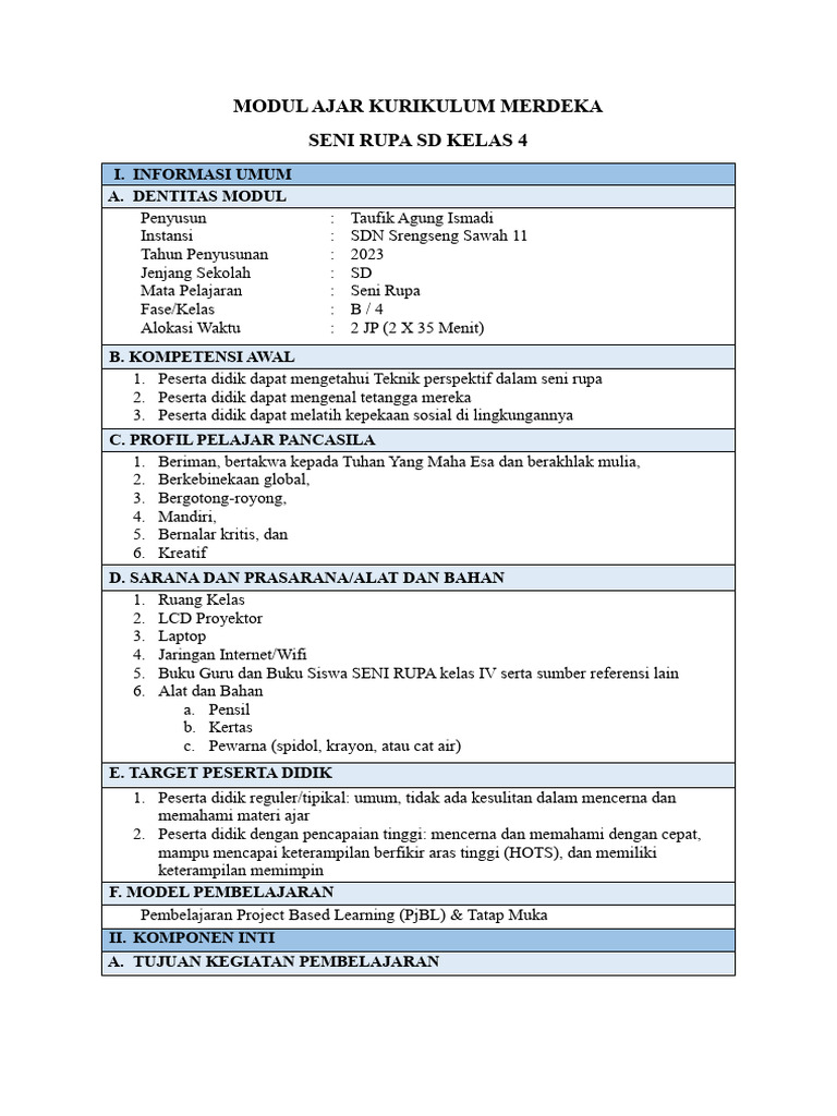 Modul Ajar Seni Rupa Kurikulum Merdeka Kelas Iv | PDF
