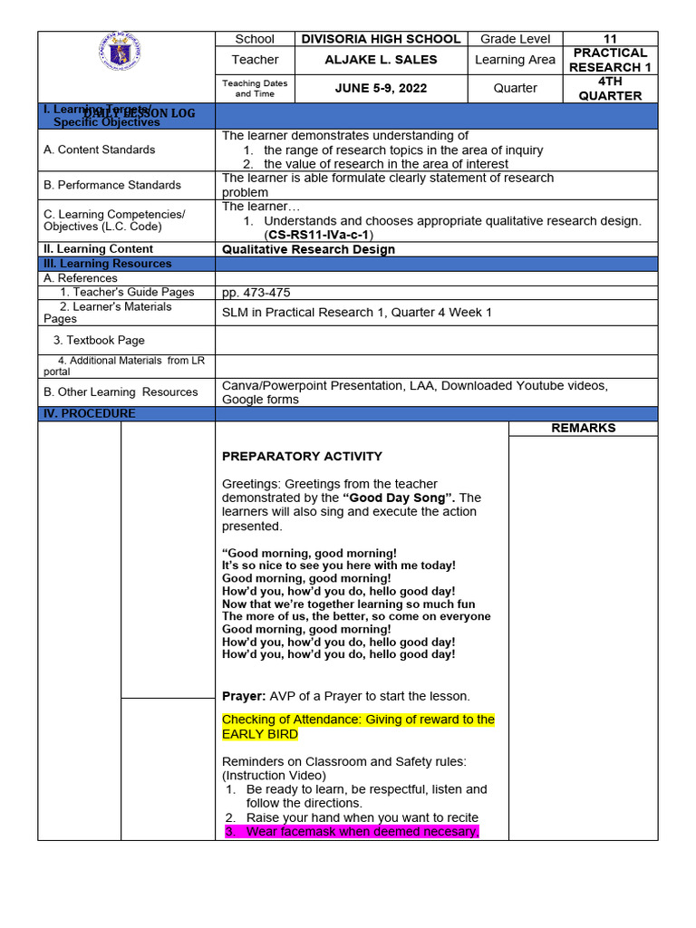 Aljake DLL Cot2 Practical Reserch I 2023 | PDF | Learning | Teachers