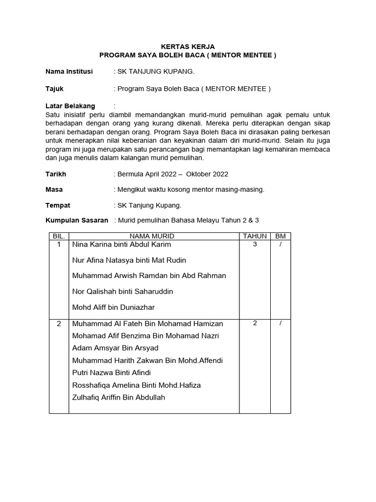 Kertas Konsep Mentor Mentee (Pemulihan Khas) | PDF