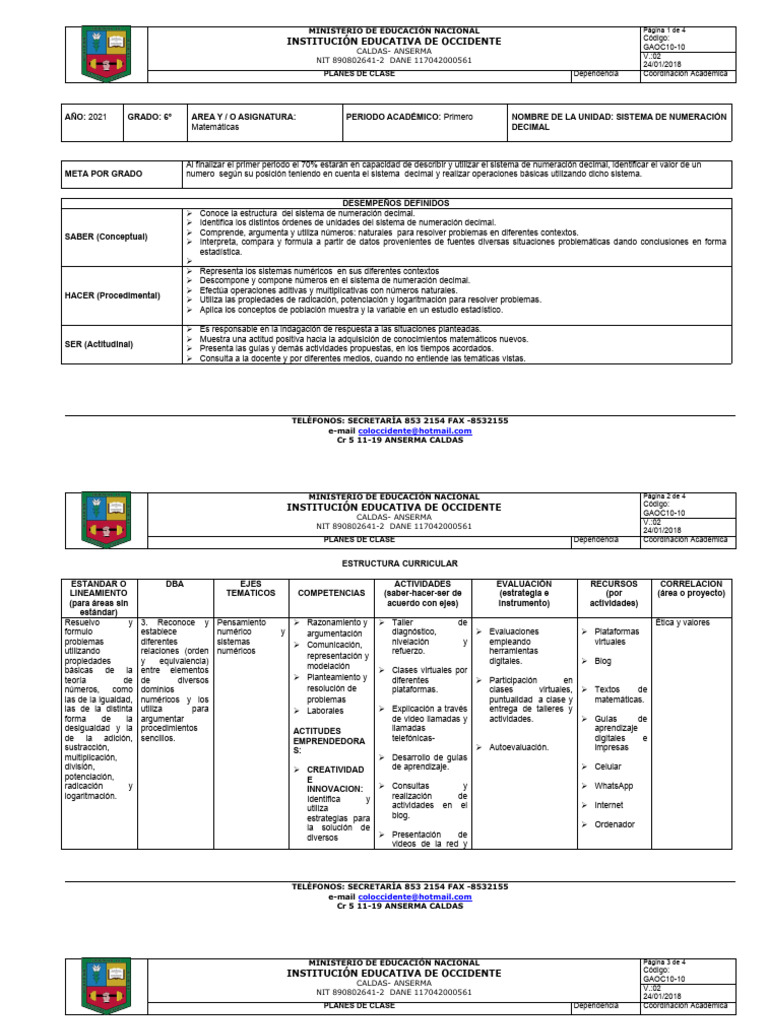 Plan De Clase Matemáticas Periodo I Pdf Matemáticas Cognición 2454