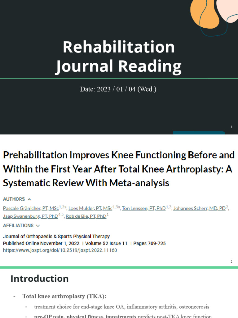 Prehabilitation Improves Knee Functioning Before and Within The First ...