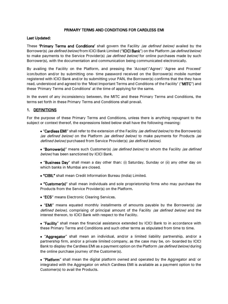 Primary Terms and Conditions Ecom Cardless Emi | PDF Primary Terms and Conditions Ecom Cardless Emi | PDF