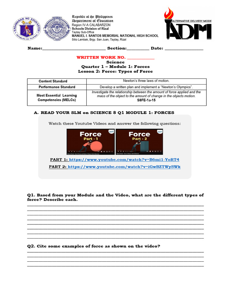 Science 8 Activity Q1 Week 1 Day 2 Lesson 2 Types of Forces ADM | Download Free PDF | Force