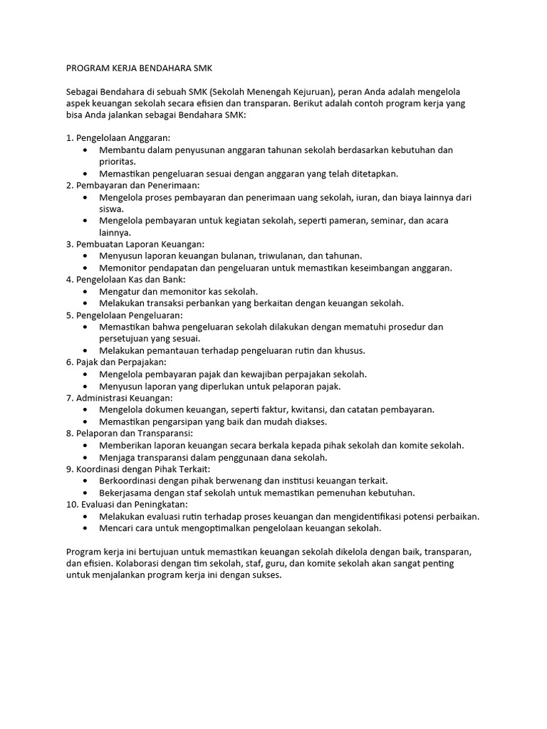 Program Kerja Bendahara SMK | PDF