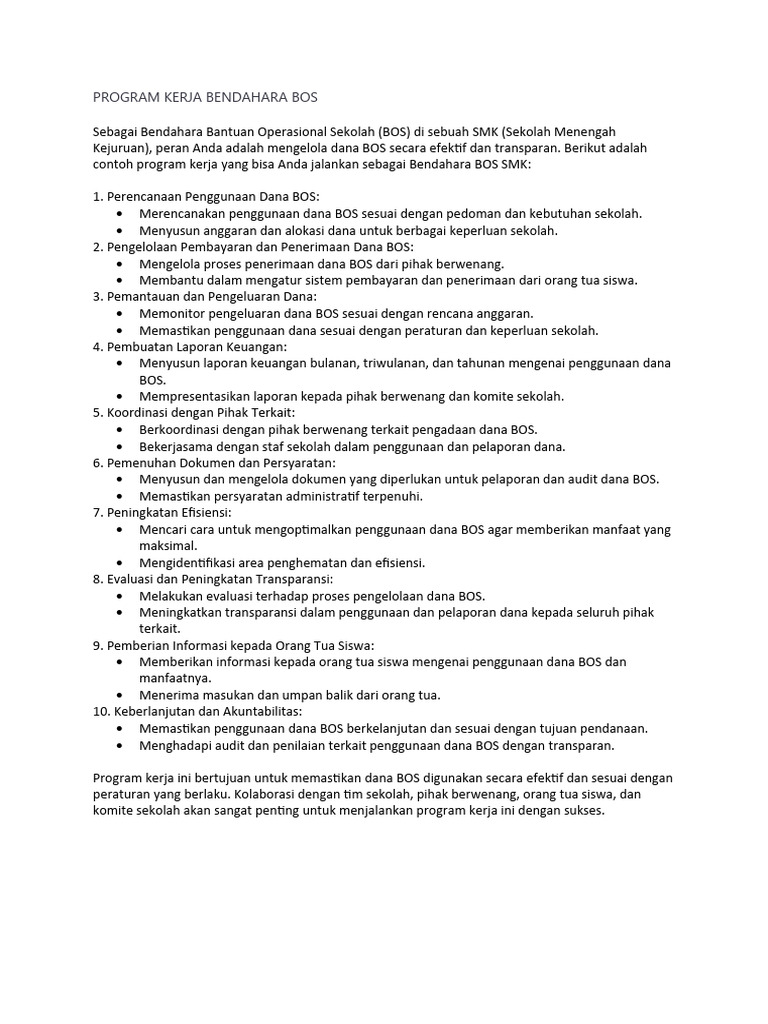 Program Kerja Bendahara Bos | PDF