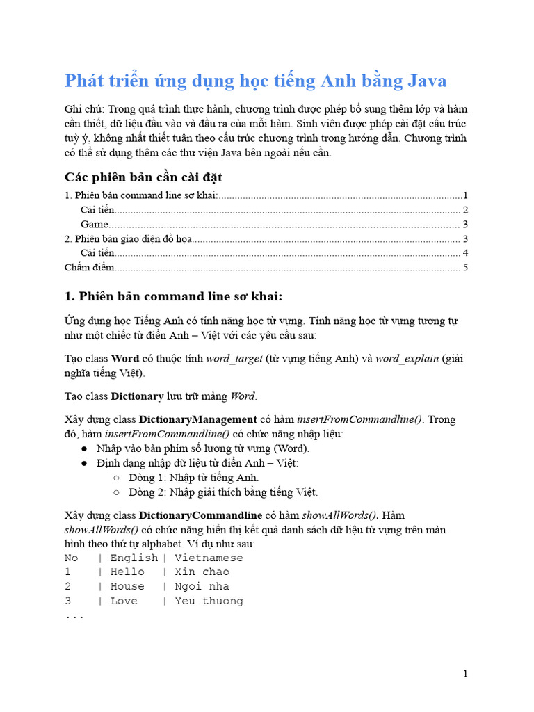 Phát triển ứng dụng học tiếng Anh bằng Java (BTL OOP 2023) - V1.1 | PDF