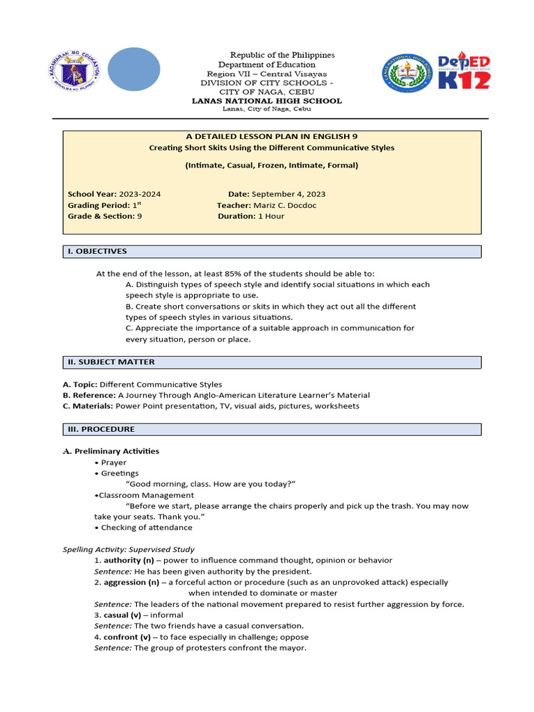 English 9 Lesson Plan: Speech Styles | PDF | Lesson Plan | Classroom ...