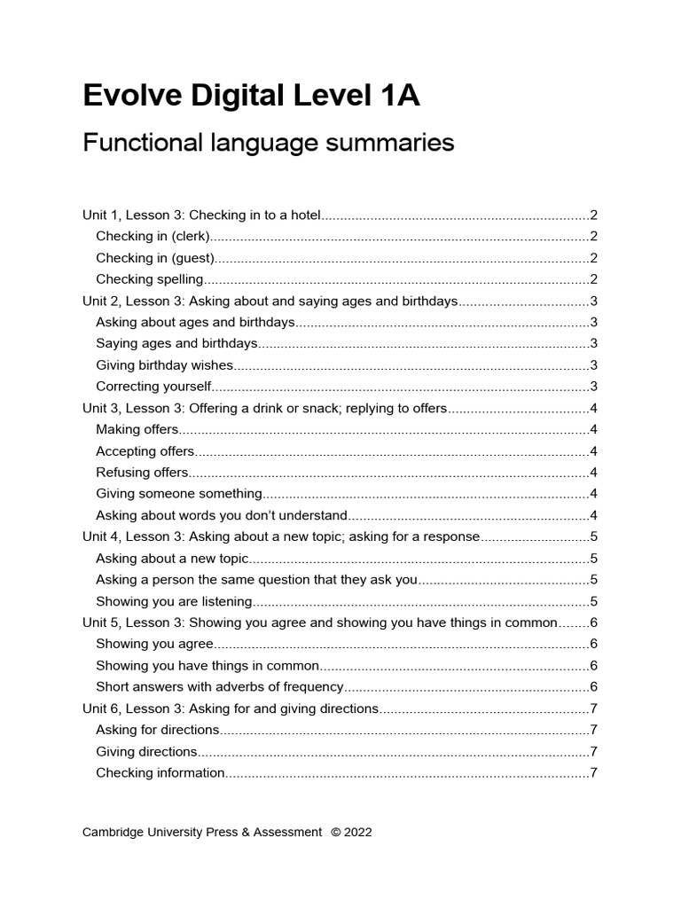 Evolve Digital Level 1A Functional language summaries | PDF