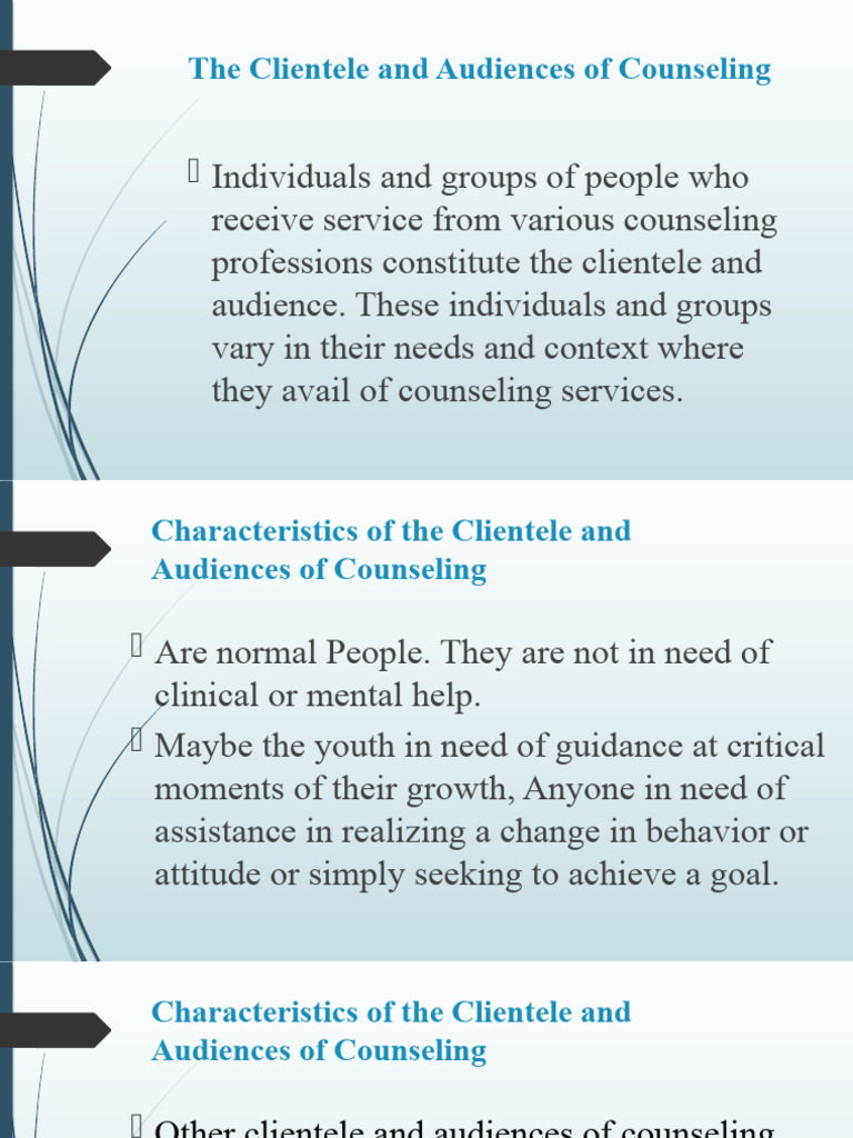 Clientele and Audiences in Counseling | PDF | Counseling Psychology ...