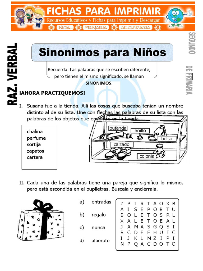Ficha de Sinonimos para Niños para Segundo de Primaria | PDF
