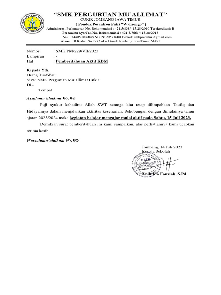 Surat Pemberitahuan Akif KBM | PDF